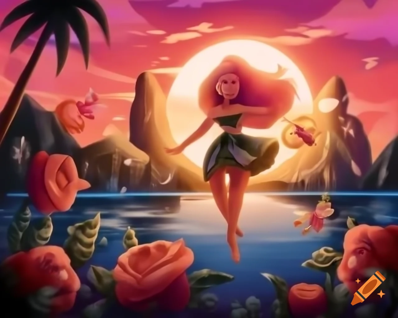 Beautiful woman with surreal wig made of vibrant objects in sunset ...