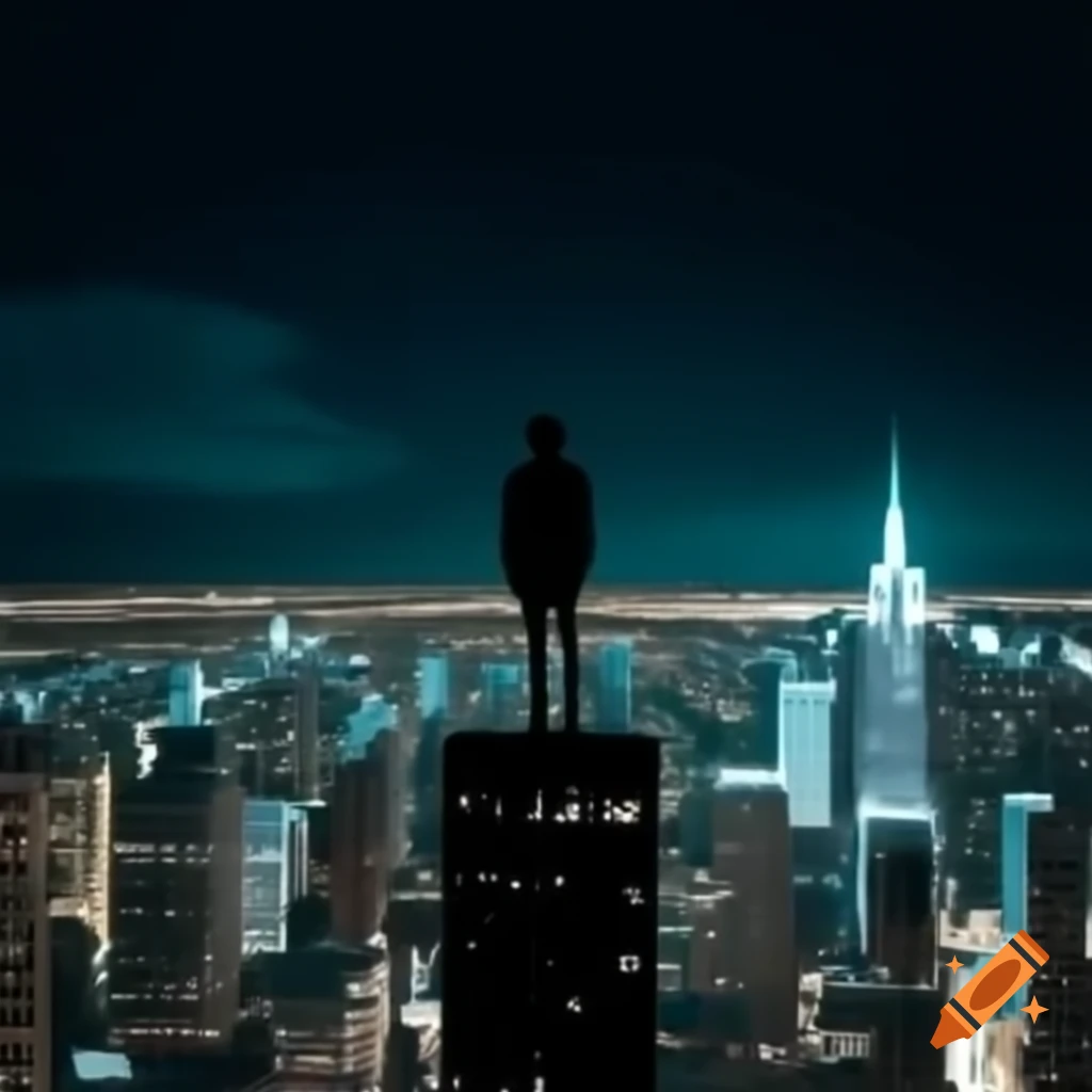 Man standing on balcony overlooking NYC skyline at night on Craiyon