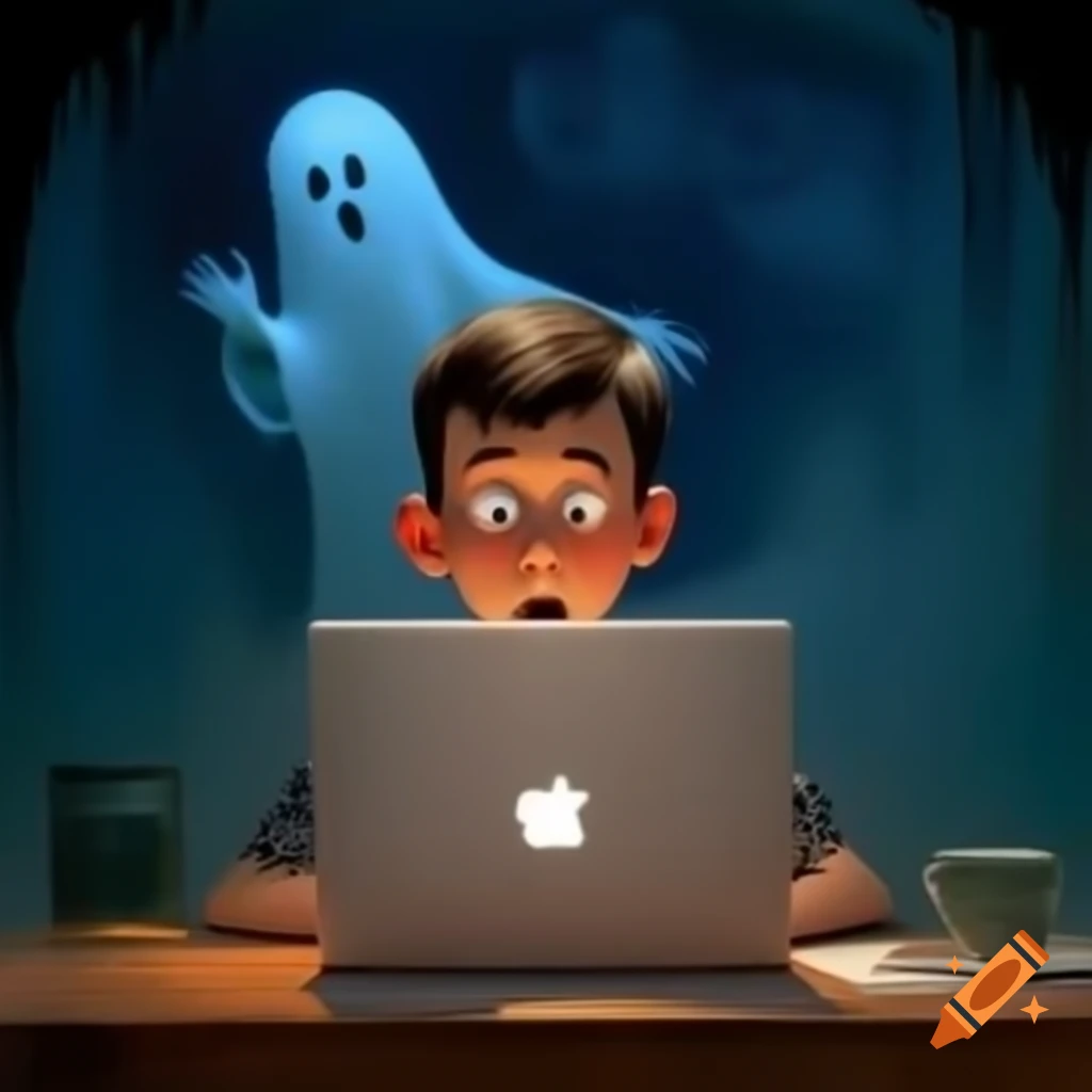 Scared boy watching laptop with a ghost behind him on Craiyon