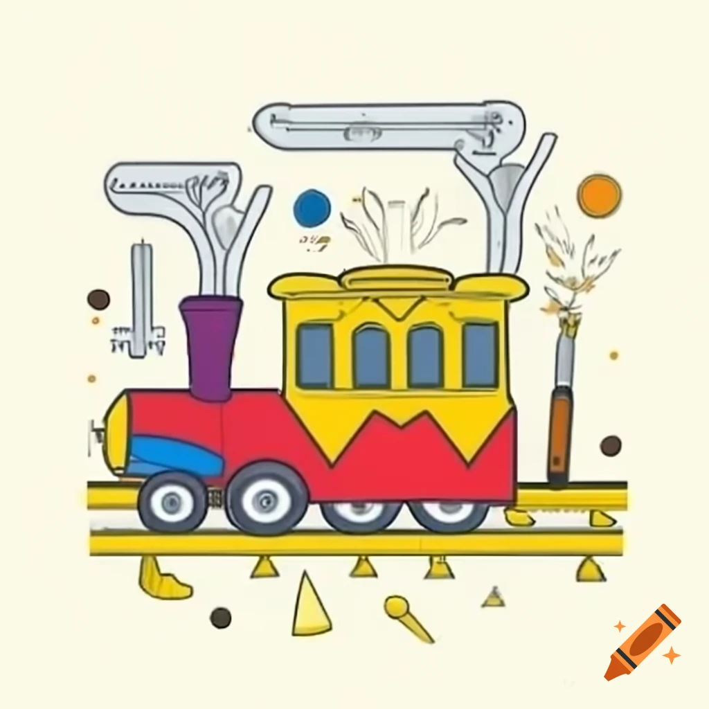 Colorful train station with playful train made from art supplies on ...