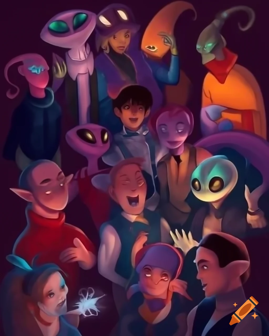 Lively convention scene with people in alien costumes and vibrant art ...