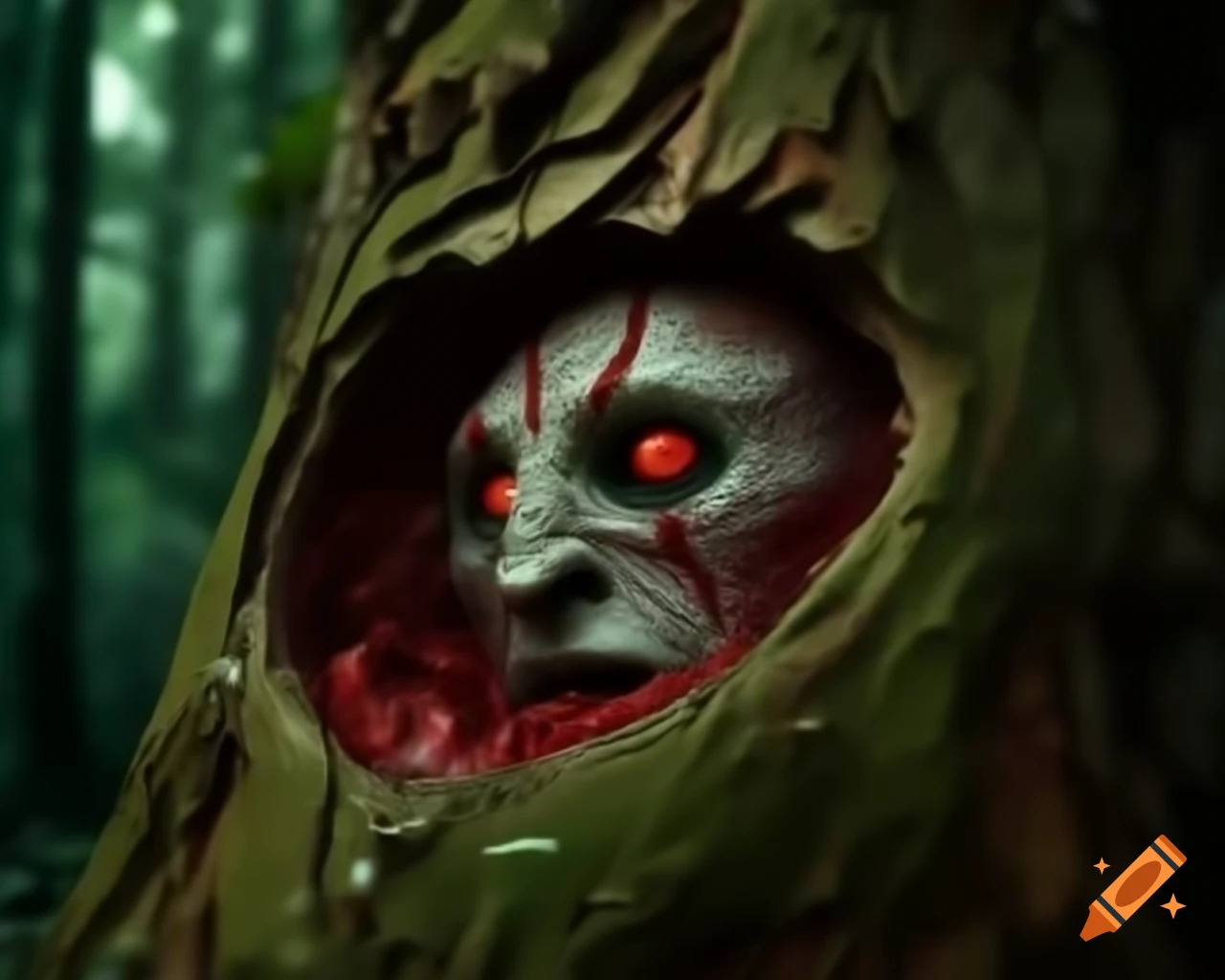 Creepy 3D CGI anime face made of bark on tree in woods, with trees ...