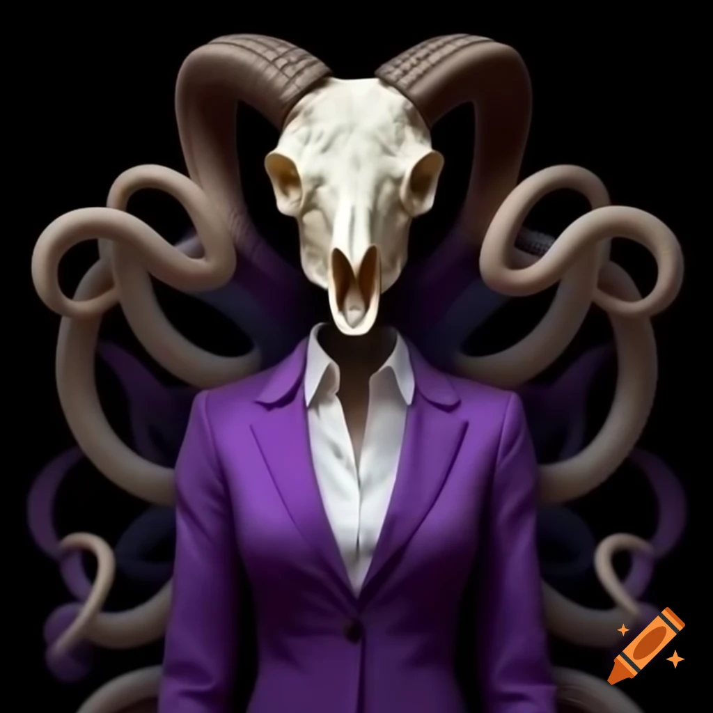 Female humanoid in purple business suit with ram skull head and ...