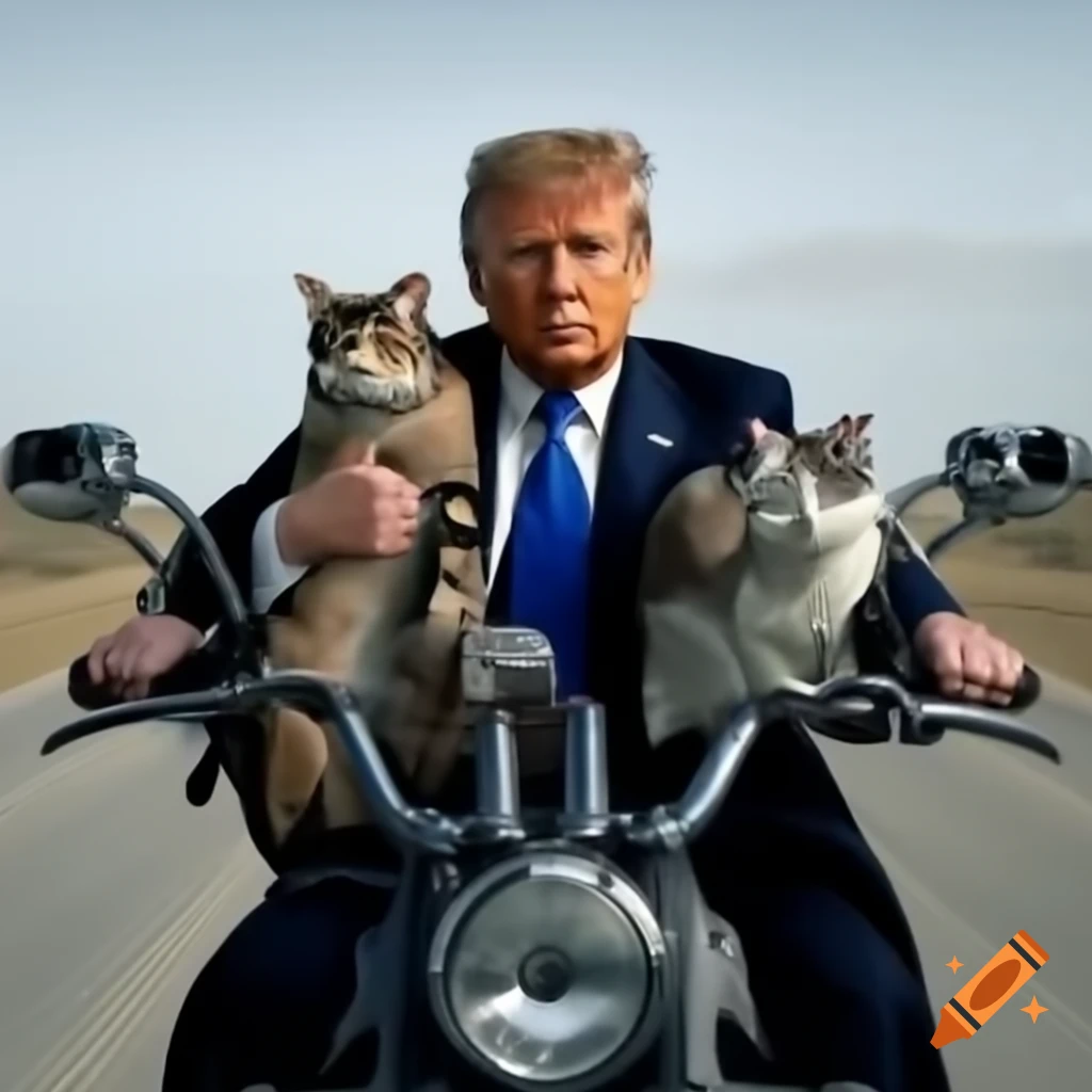 Donald Trump performing a wheelie on a motorcycle while holding cats ...