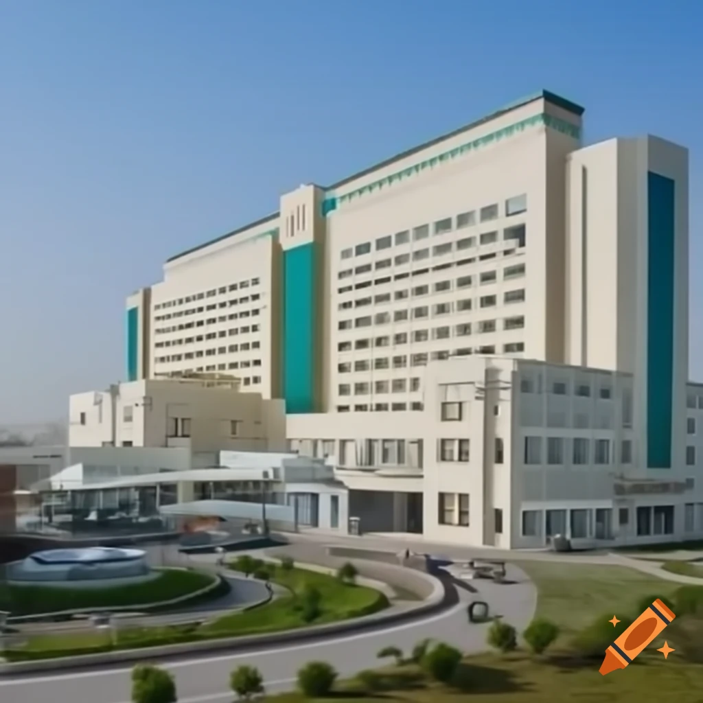 Modern Islamic hospital with halal logo and compassionate slogan on Craiyon