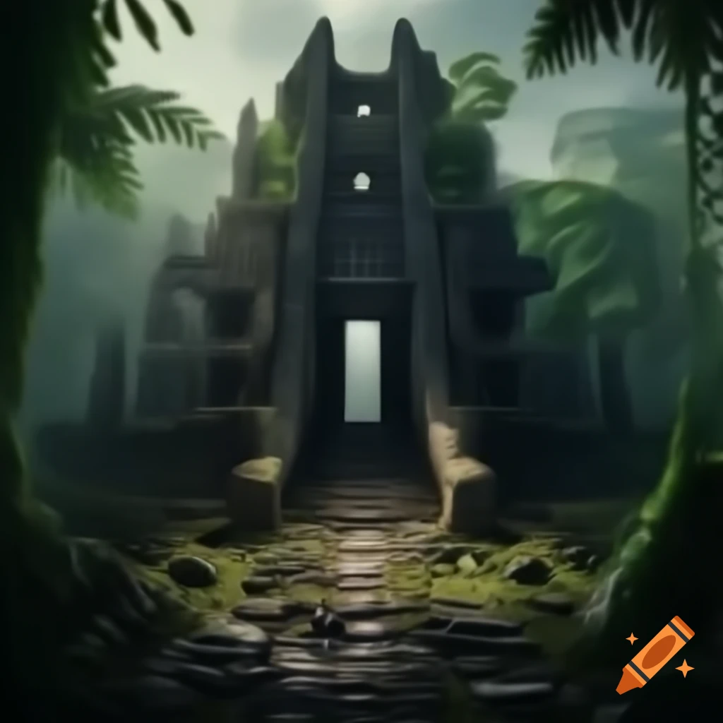 Ancient monolithic structure of dark stone and copper in dense jungle ...