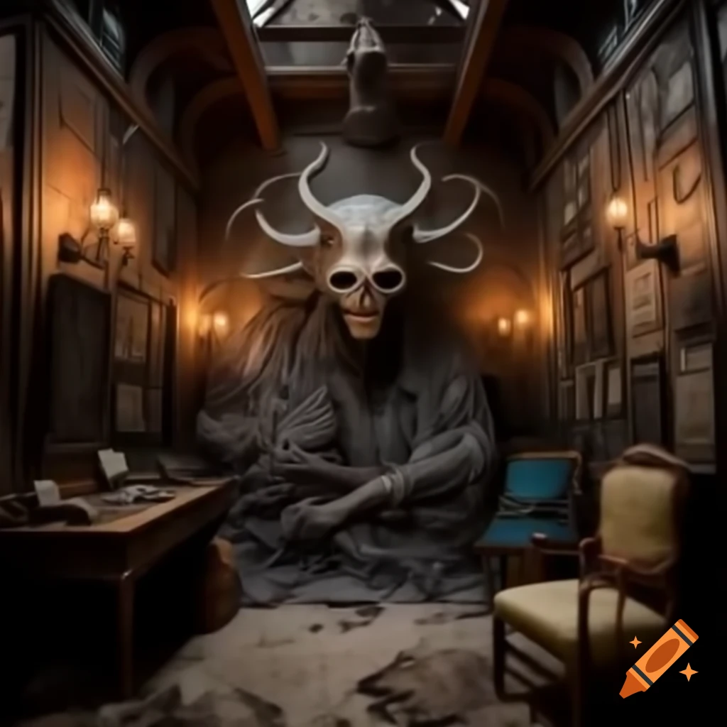 Realistic depiction of a large room in a scary house with demonic ...