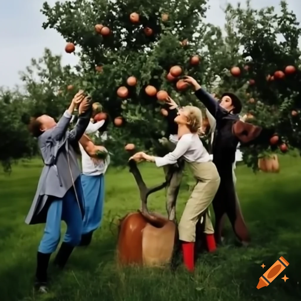 People picking apples from an orchard tree on Craiyon