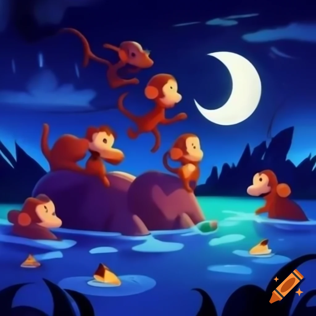 Monkeys trying to scoop the moon's reflection in water, big monkey ...