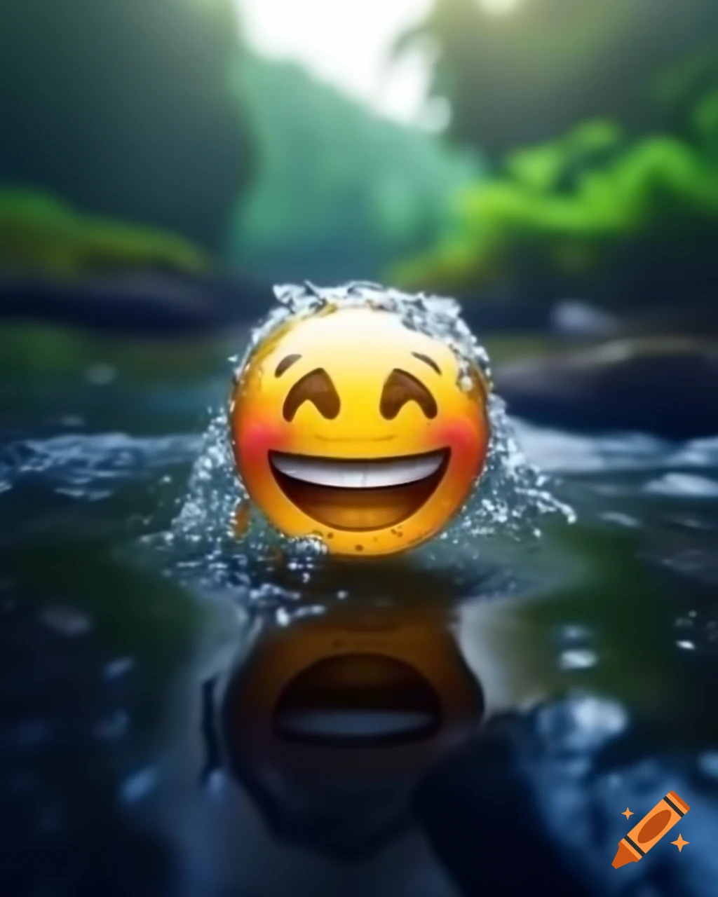 Smiling emoji face in a beautiful nature river view with rain on Craiyon