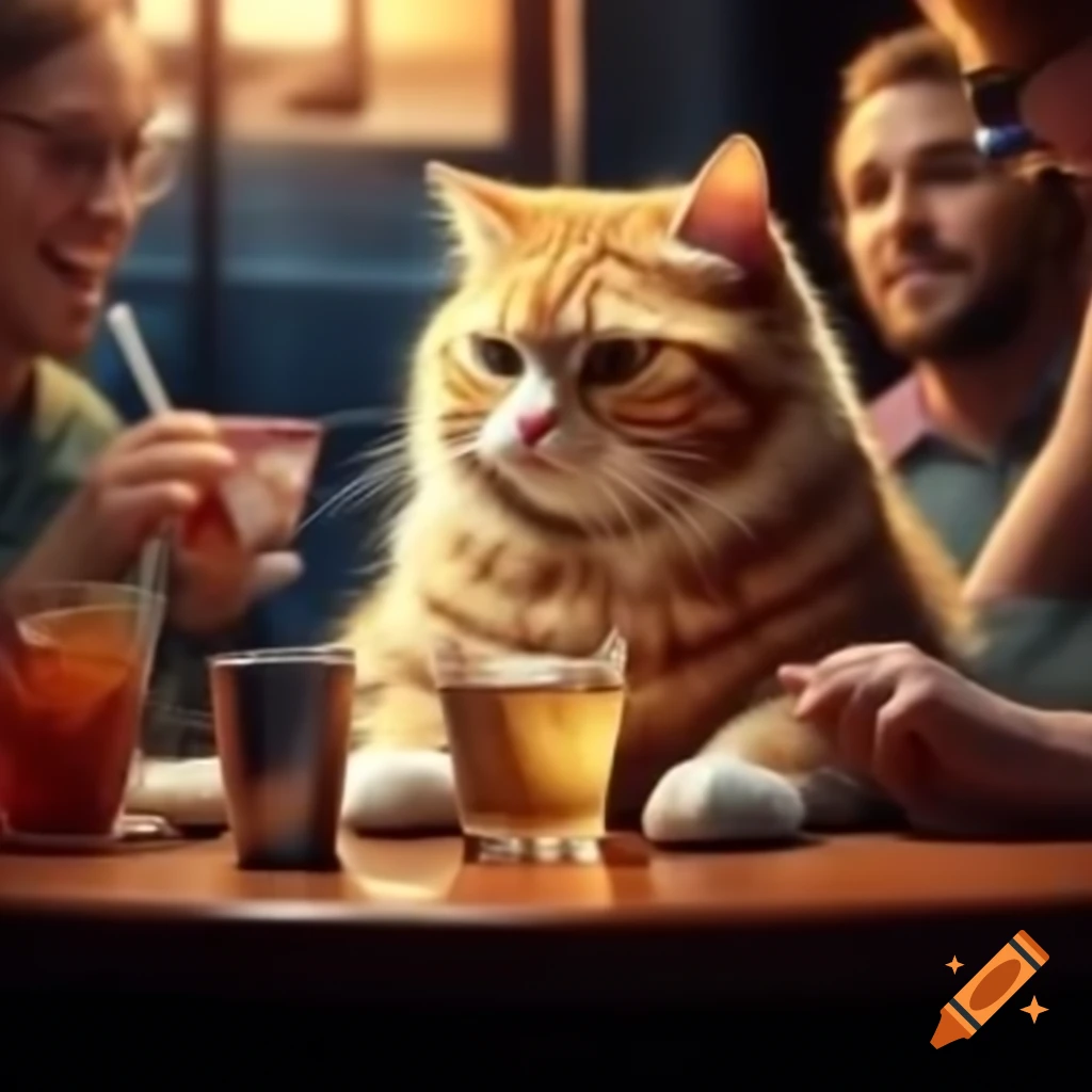 Soft orange tabby cat drinking with friends on Craiyon