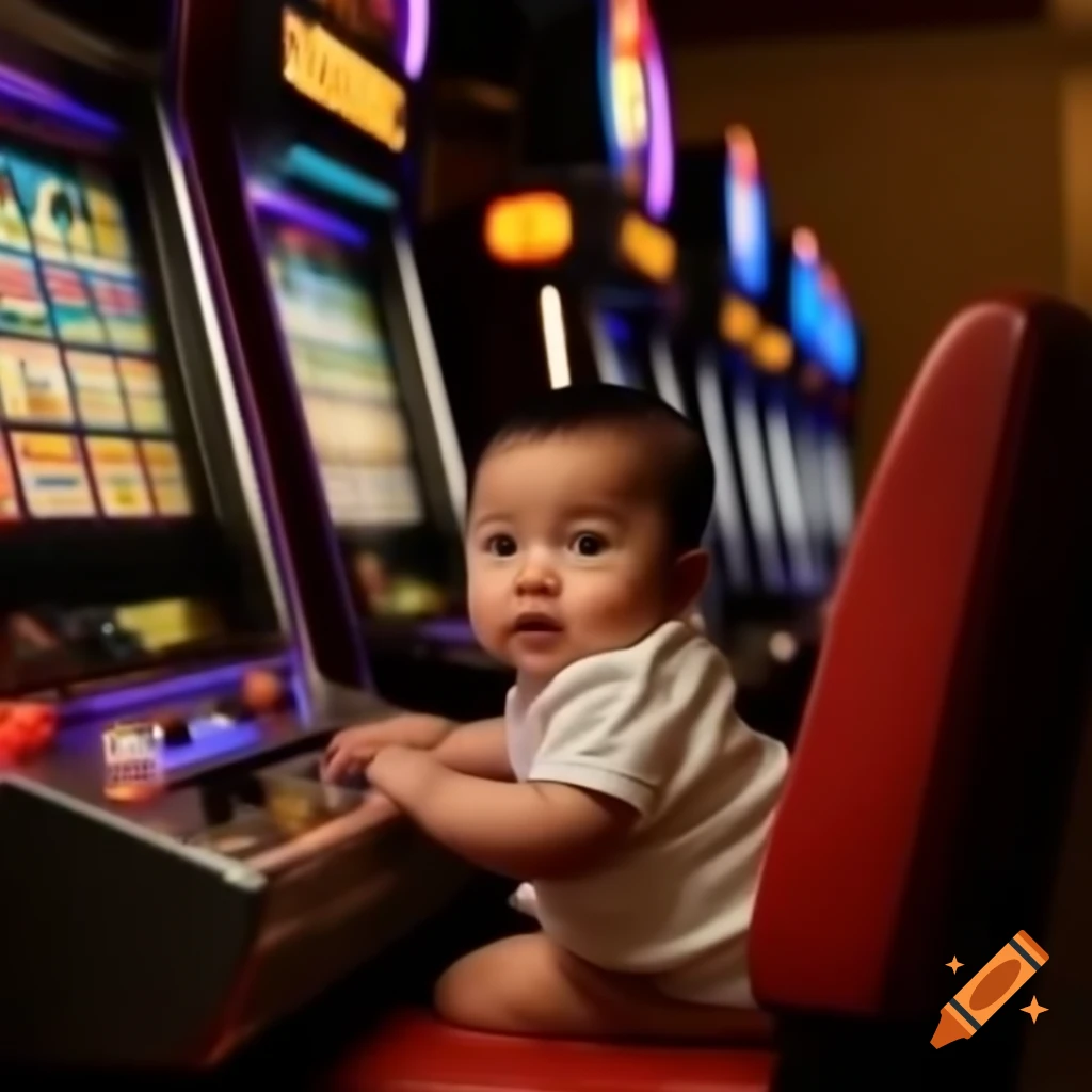 Filipino baby interacting with a slot machine in a playful setting on ...