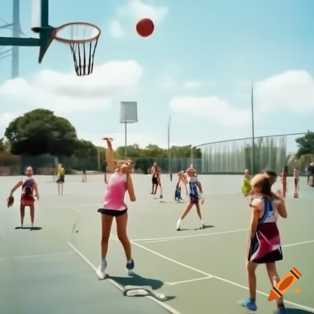 Busy netball courts with kids playing on a sunny day on Craiyon
