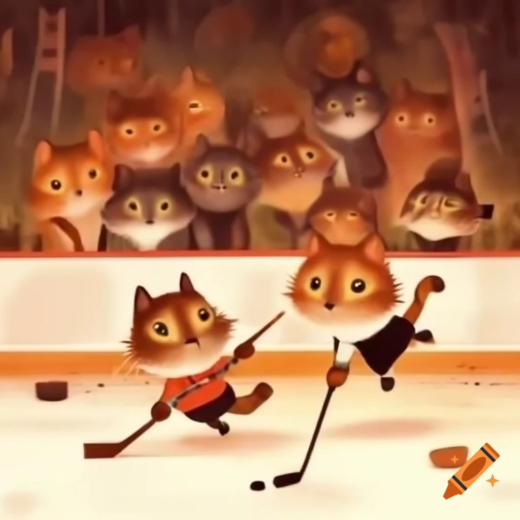 Photorealistic scene of cats playing hockey in autumn on Craiyon