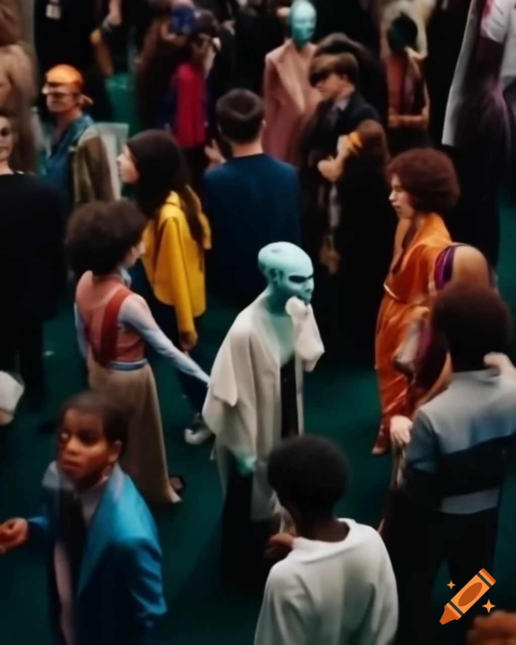 Lively convention scene with people in alien costumes sharing stories ...