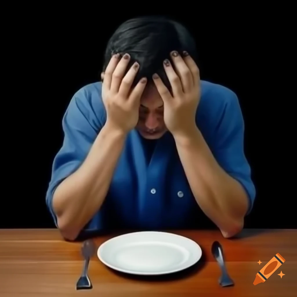 Man sitting on ground begging for food with empty plate on Craiyon