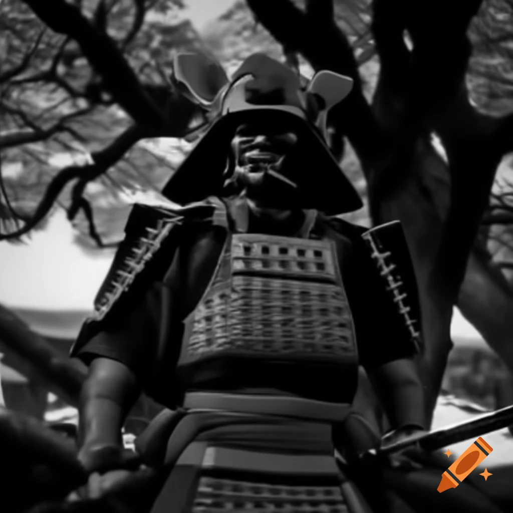 Black and white photo of samurai standing before a tree on Craiyon