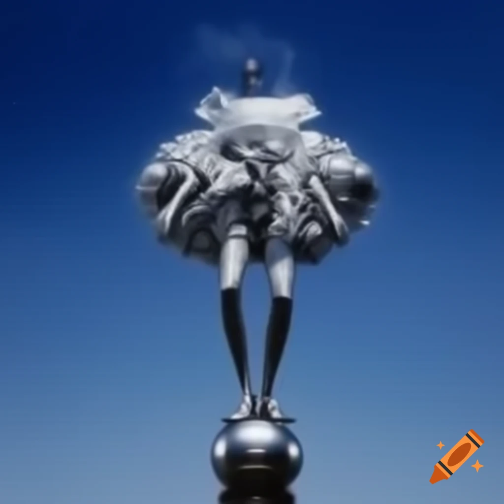 Pop surrealism photography featuring silver anime statue on Craiyon