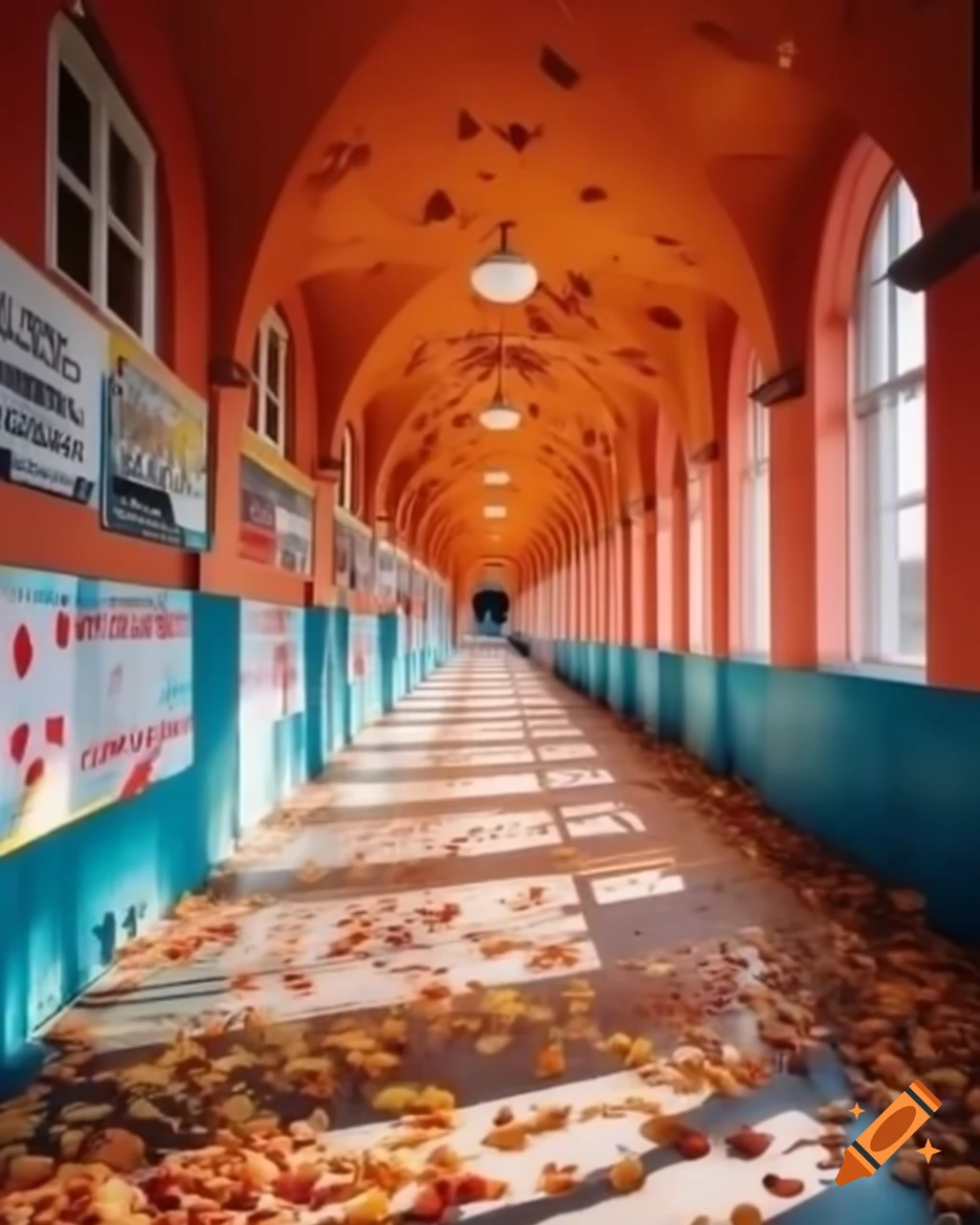 Bright school corridor decorated with autumn leaves and posters on Craiyon