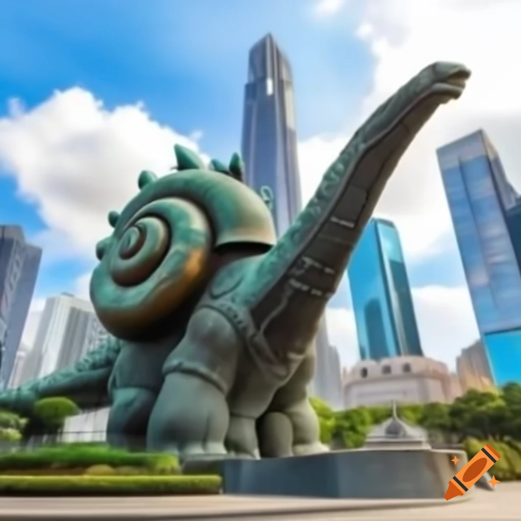 Colossal bronze snail statue towering over city, modern art display on ...
