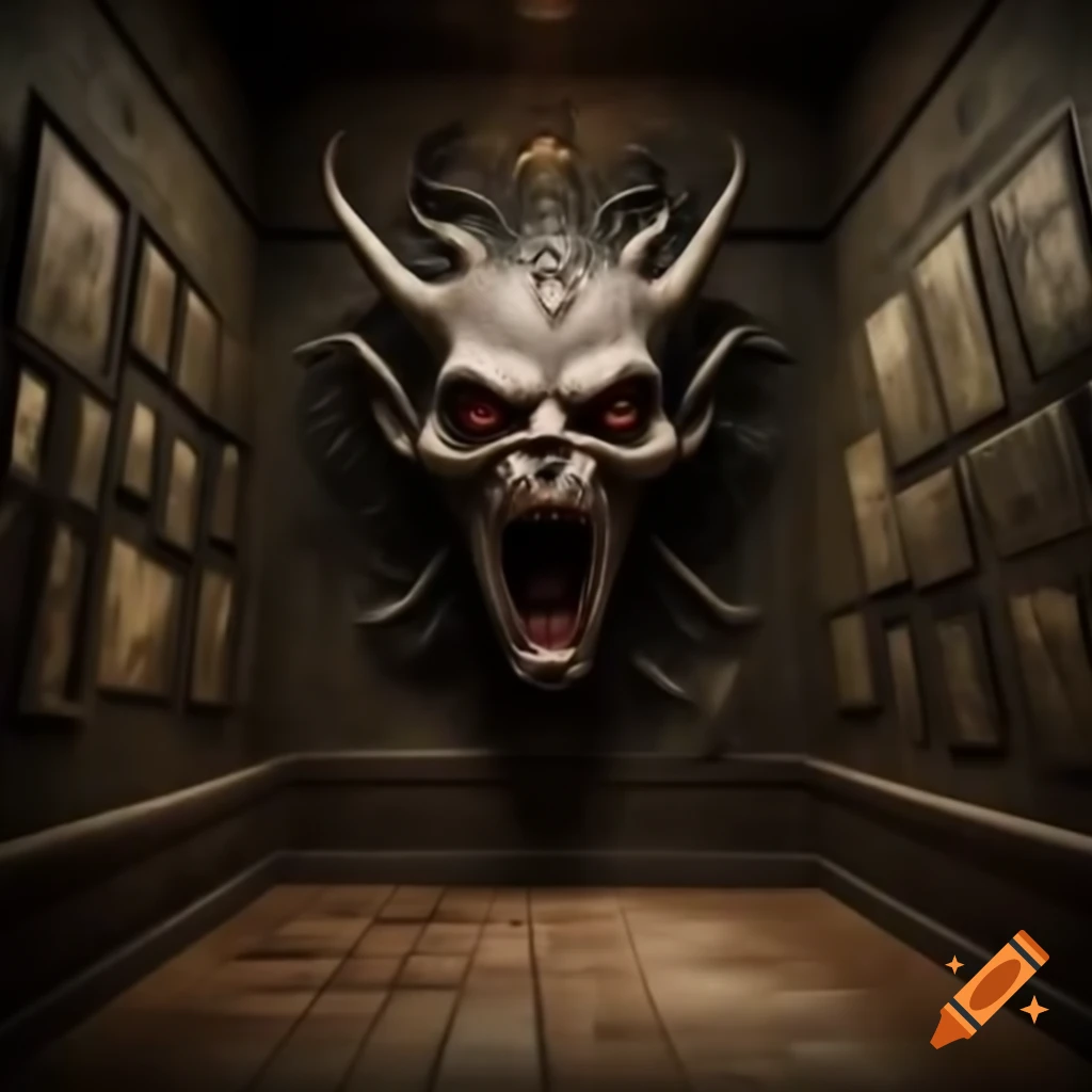 Realistic scary house interior with demonic drawings on walls on Craiyon