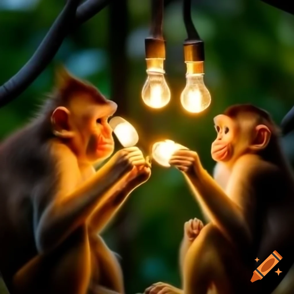Monkeys changing light bulbs in a humorous scene on Craiyon