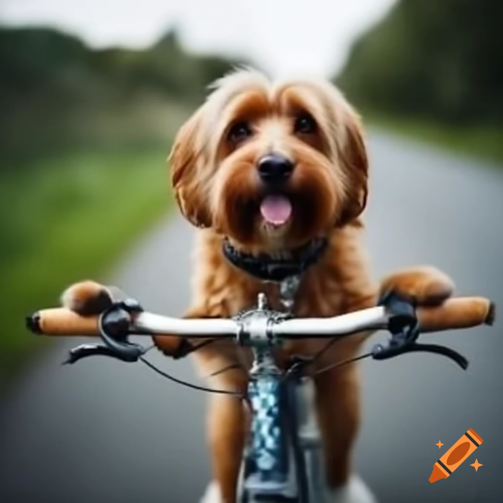 Cartoon dog wearing glasses rides a bicycle. on Craiyon