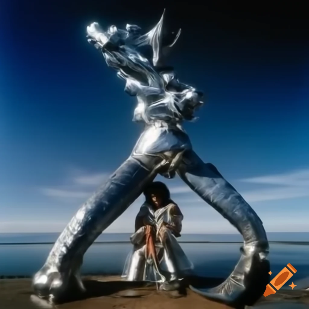 Pop surreal photography showcasing an anime-inspired silver statue on ...