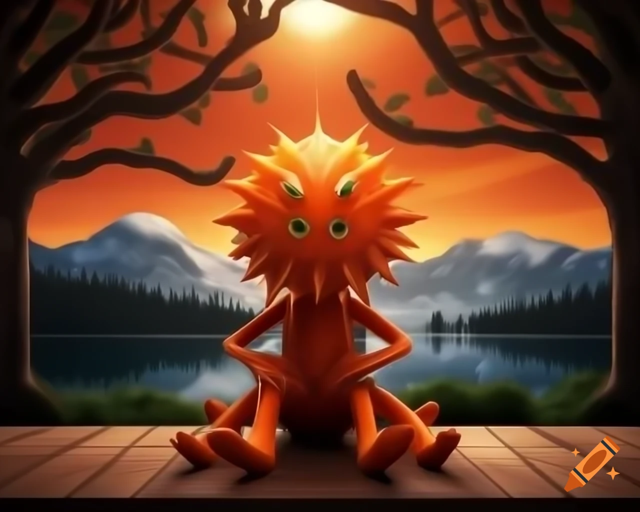 3d image of orange tree monster with human face in forest on Craiyon