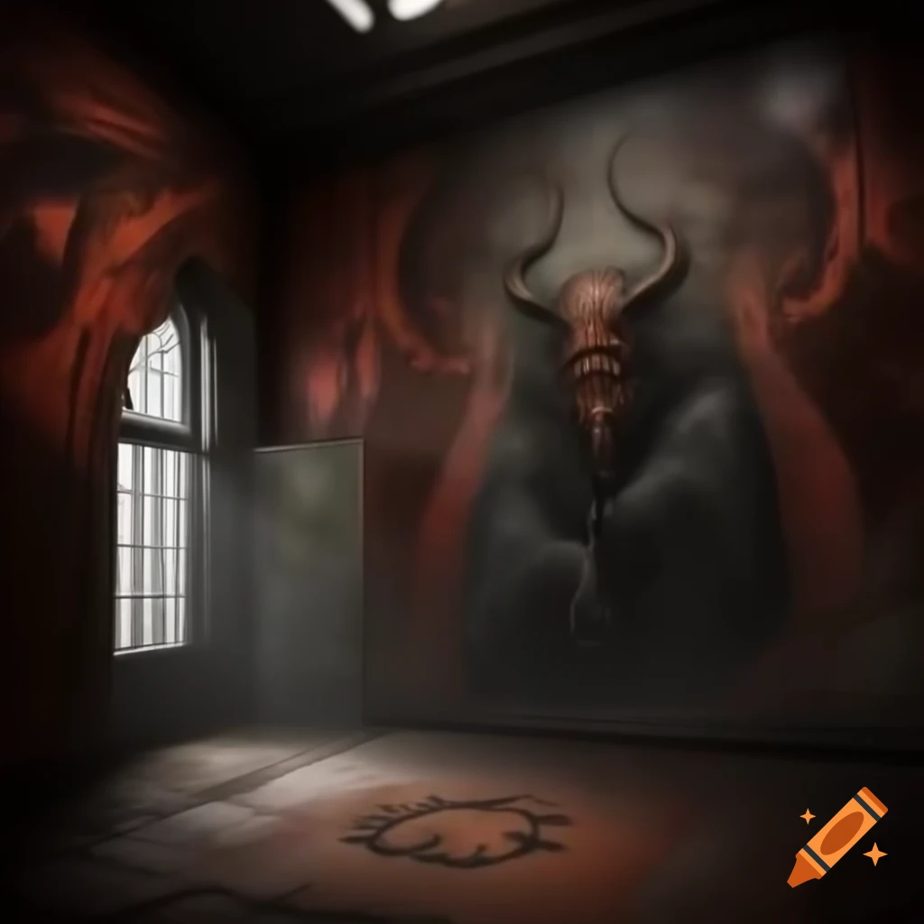 Realistic scary house interior with large room and demonic artwork on walls on Craiyon