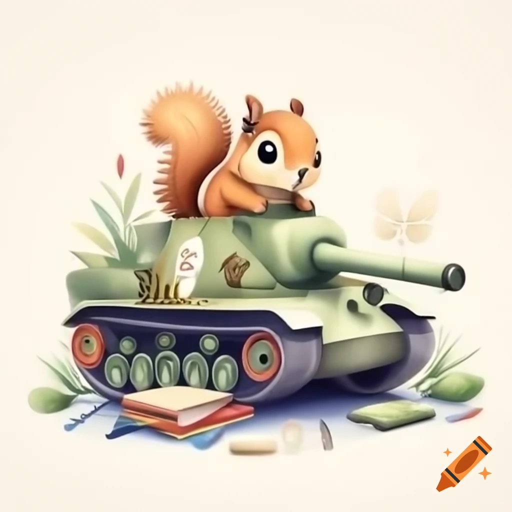 Squirrel soldier in army outfit inside KV-2 tank surrounded by books ...