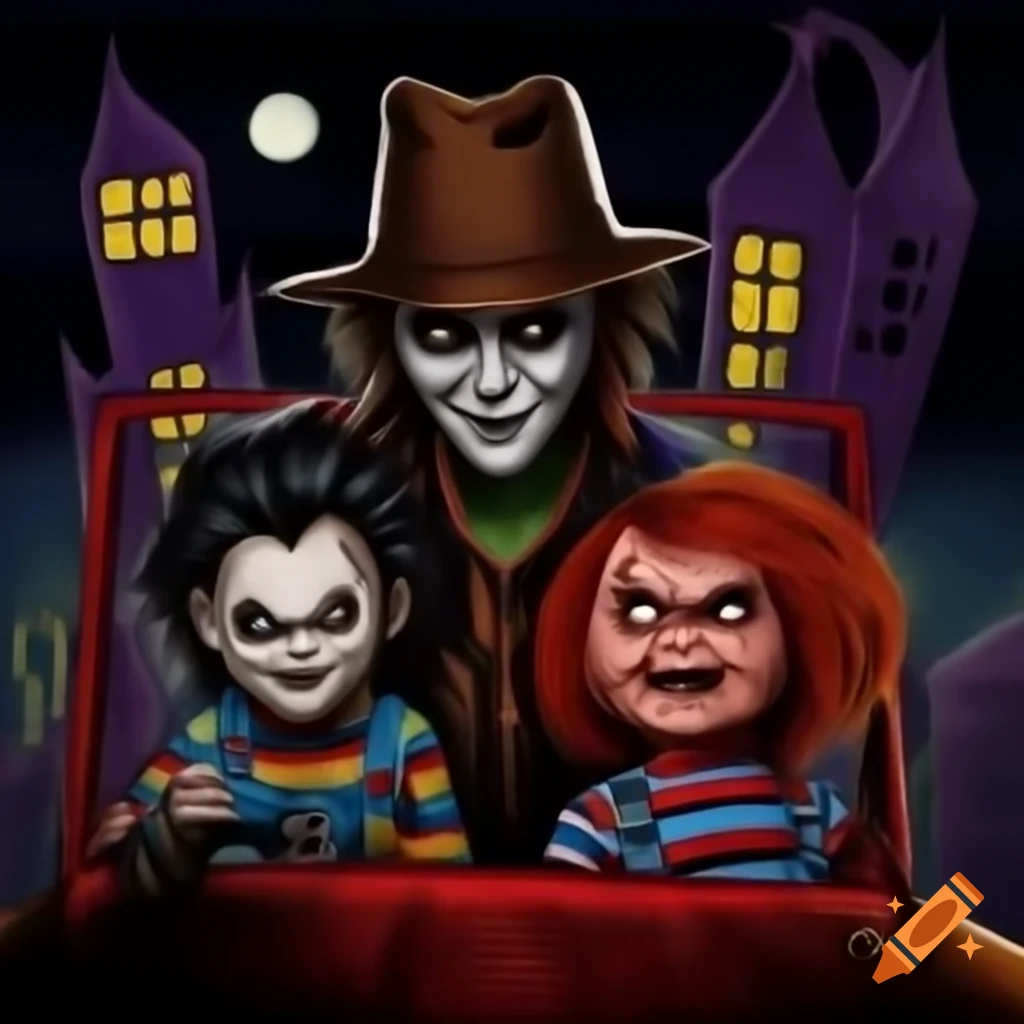 Vibrant art featuring horror characters in Scooby-Doo van on eerie ...