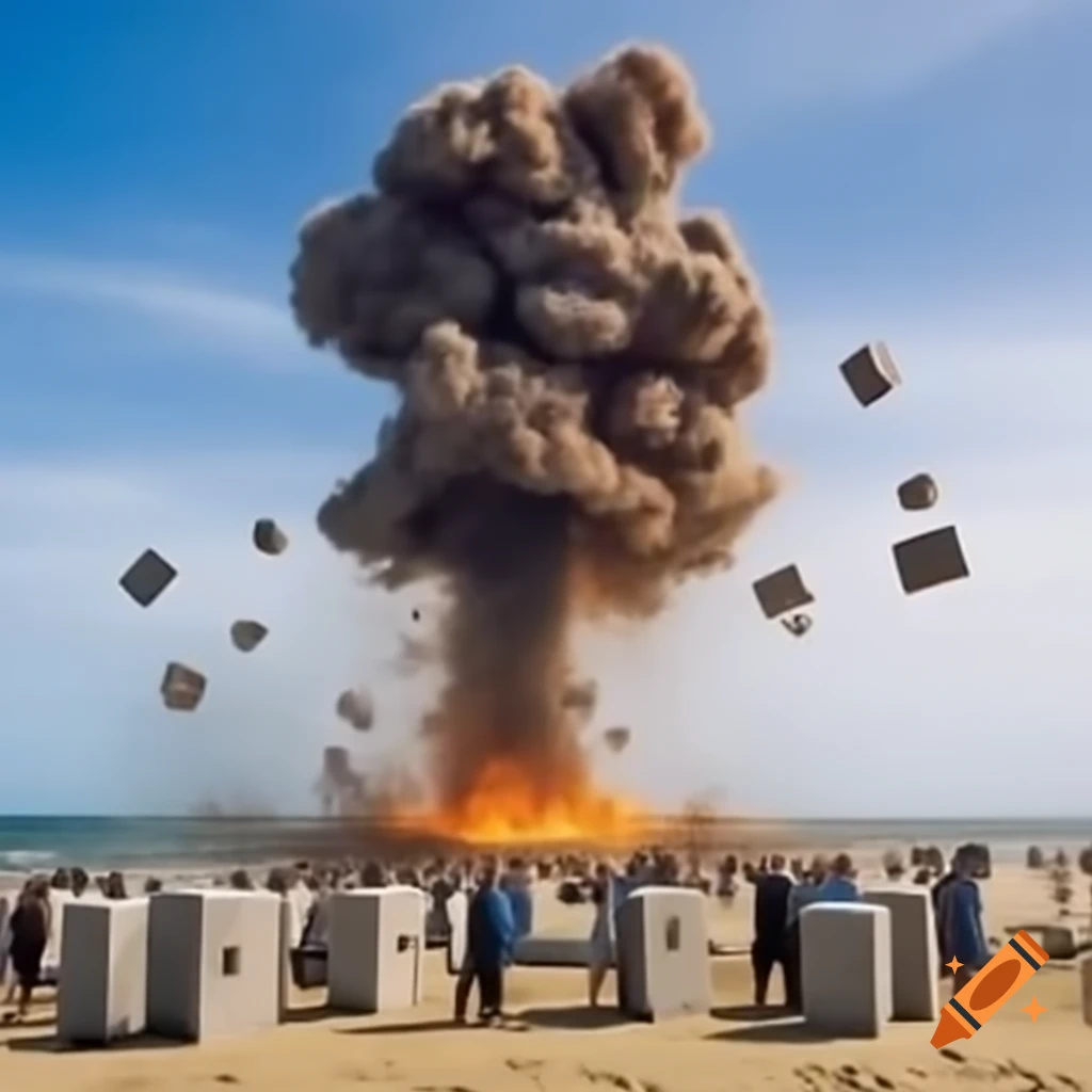 Explosion sending metal boxes across beach with people in hi-viz vests ...