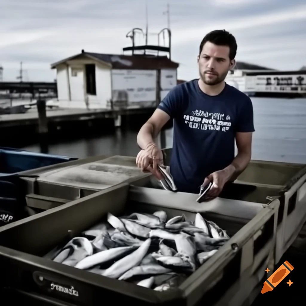 Man sorting fish at dock wearing alibag sea foods t-shirt on Craiyon
