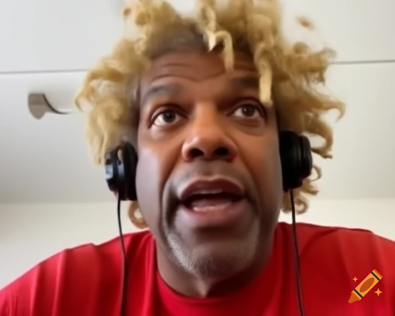 Man with blonde curly hair and red t-shirt showing nervousness in white ...