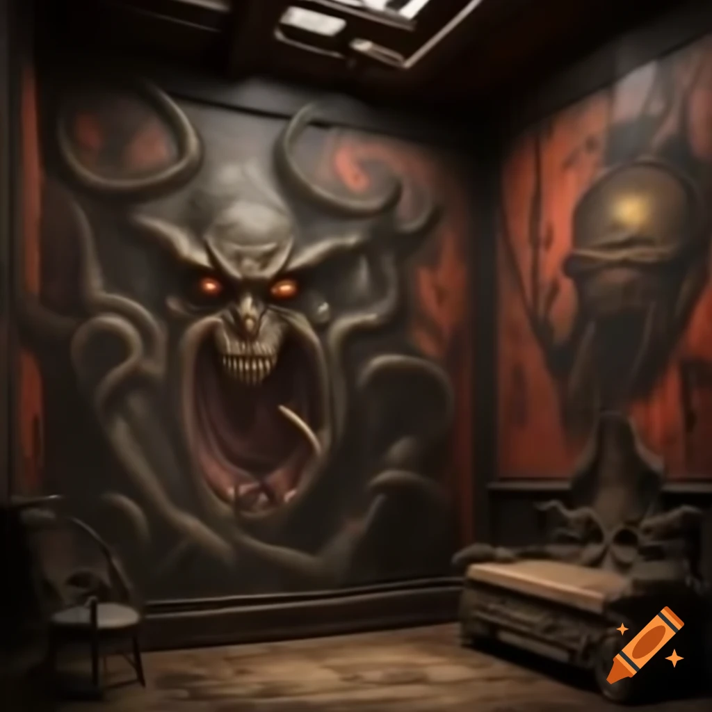 Realistic scary house room with demonic drawings on walls on Craiyon