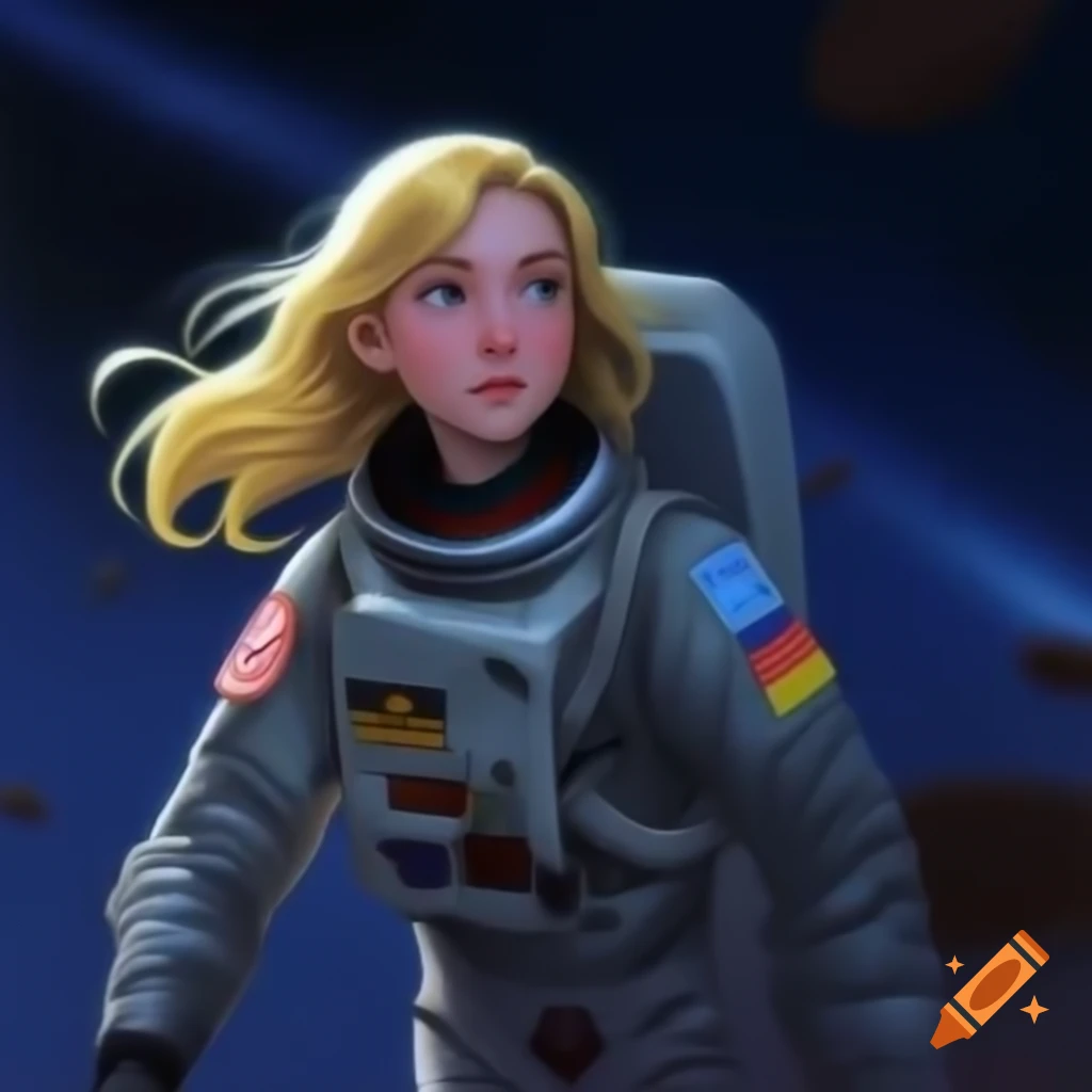 Youthful female astronaut with blonde hair navigating starry space in ...