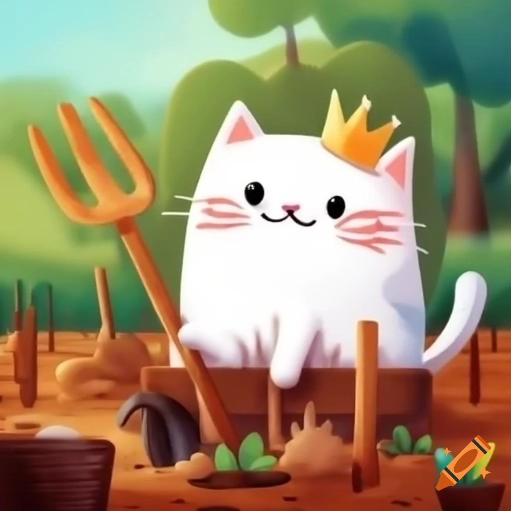 White female cat with crown holding pitchfork on a farm on Craiyon