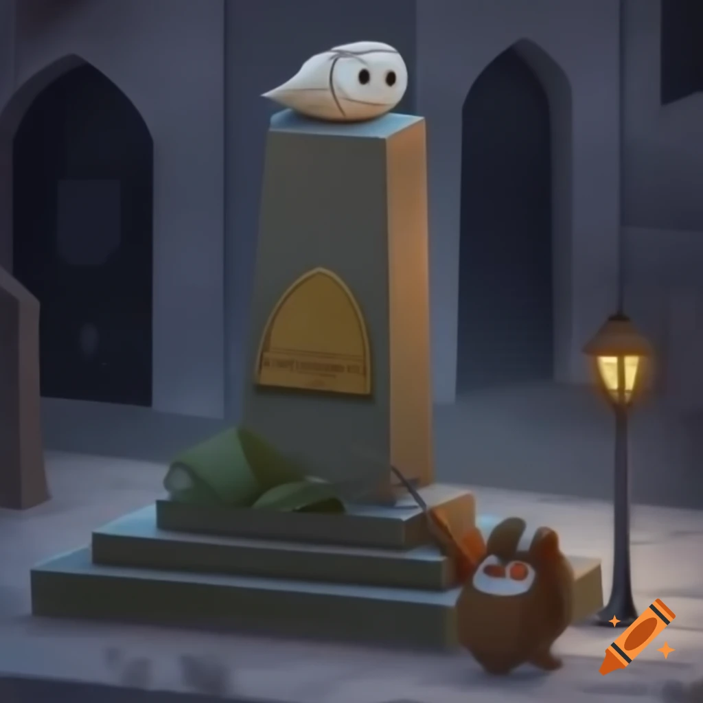 Owl atop small obelisk with screen in medieval city street on Craiyon