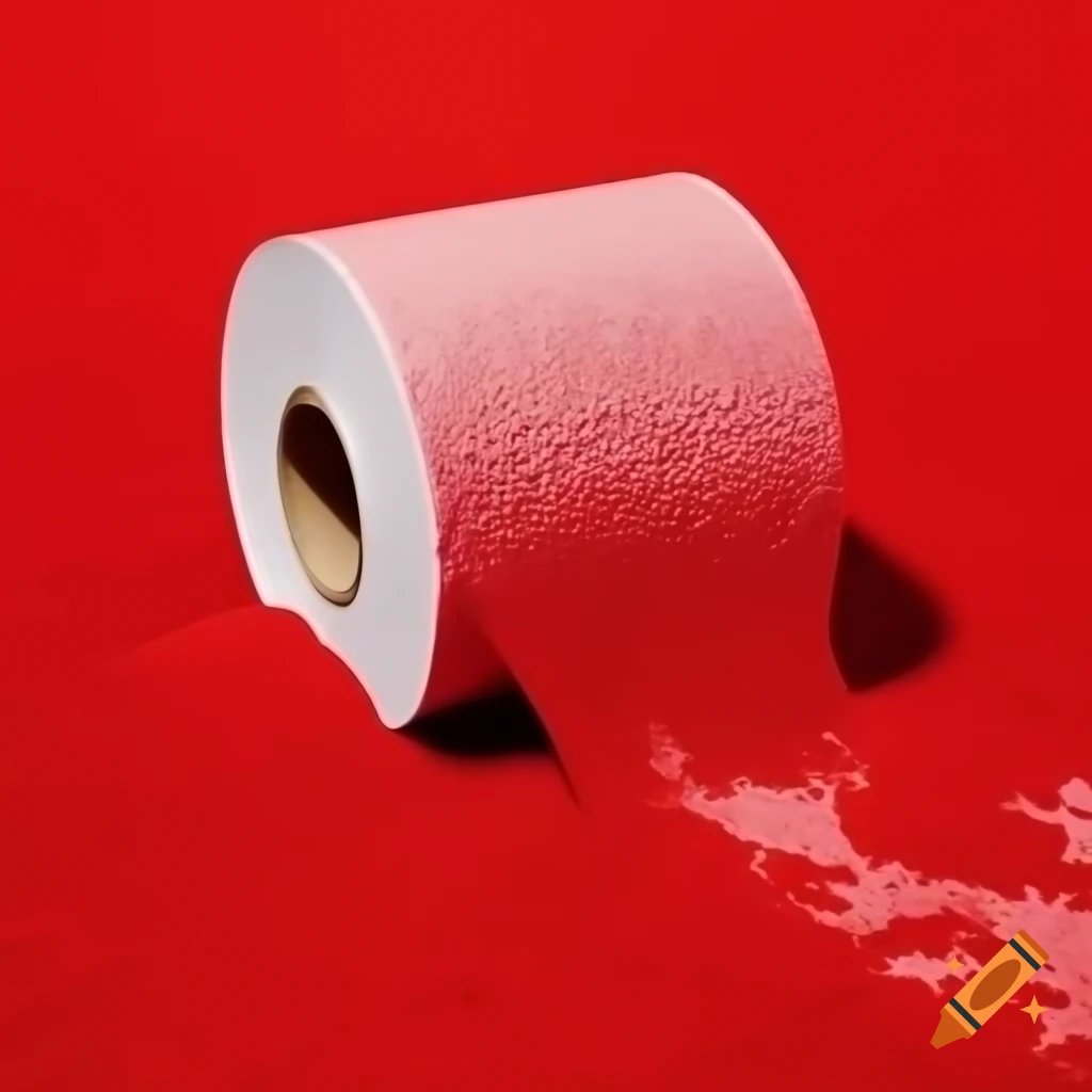 Coarse textured roll of toilet paper splashed with red on Craiyon