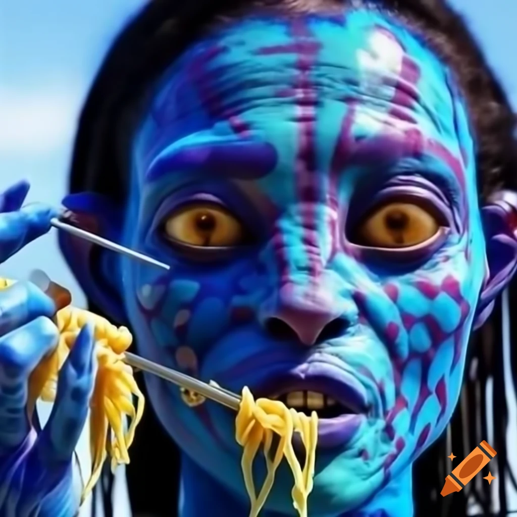 Na'vi character exploring spaghetti dish in sunlight on Craiyon