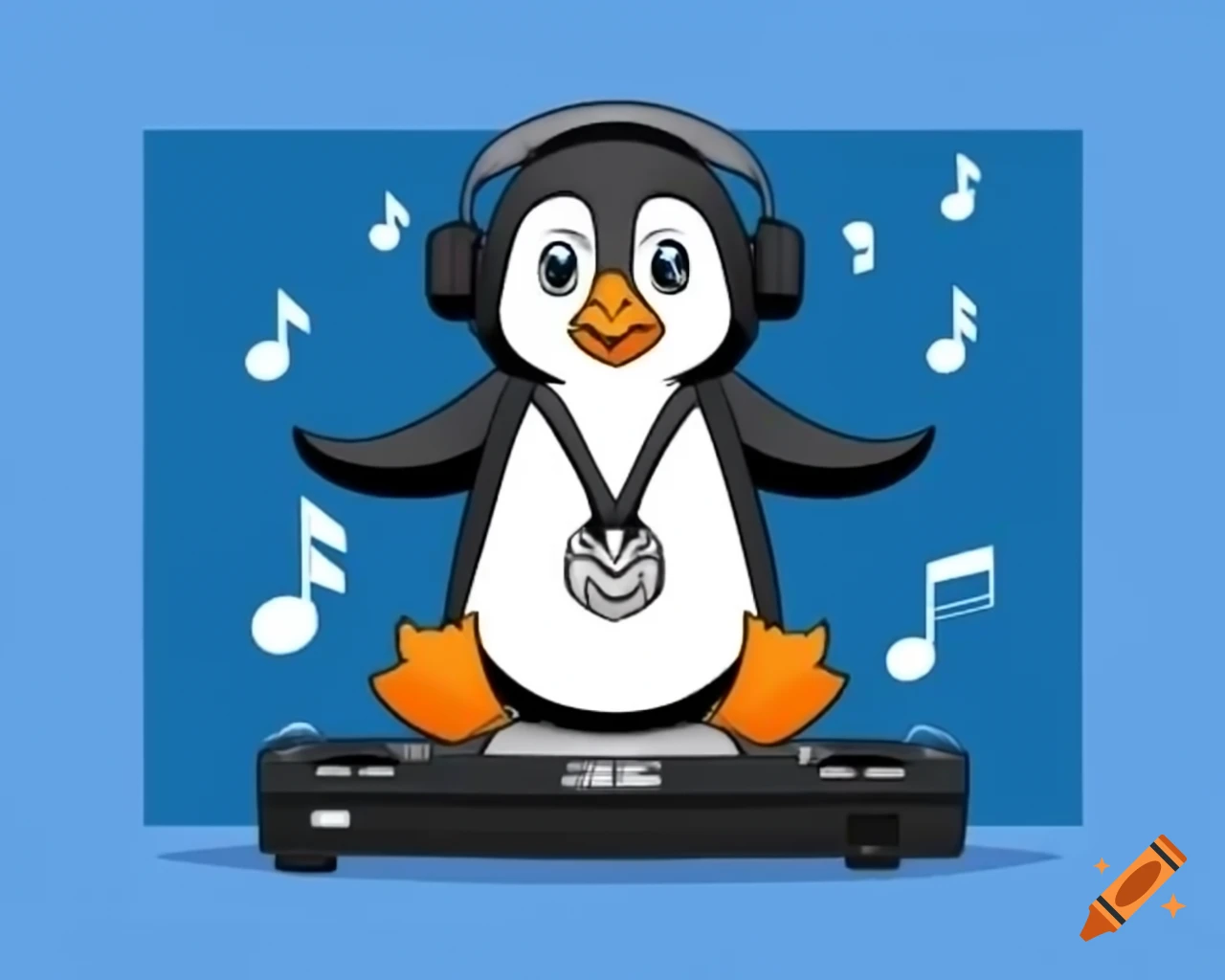 Penguin dj vibing with music and holding a speaker on Craiyon