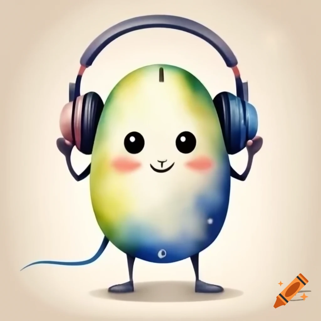 Friendly cartoon laptop mouse with eyes, smiling, wearing headphones ...