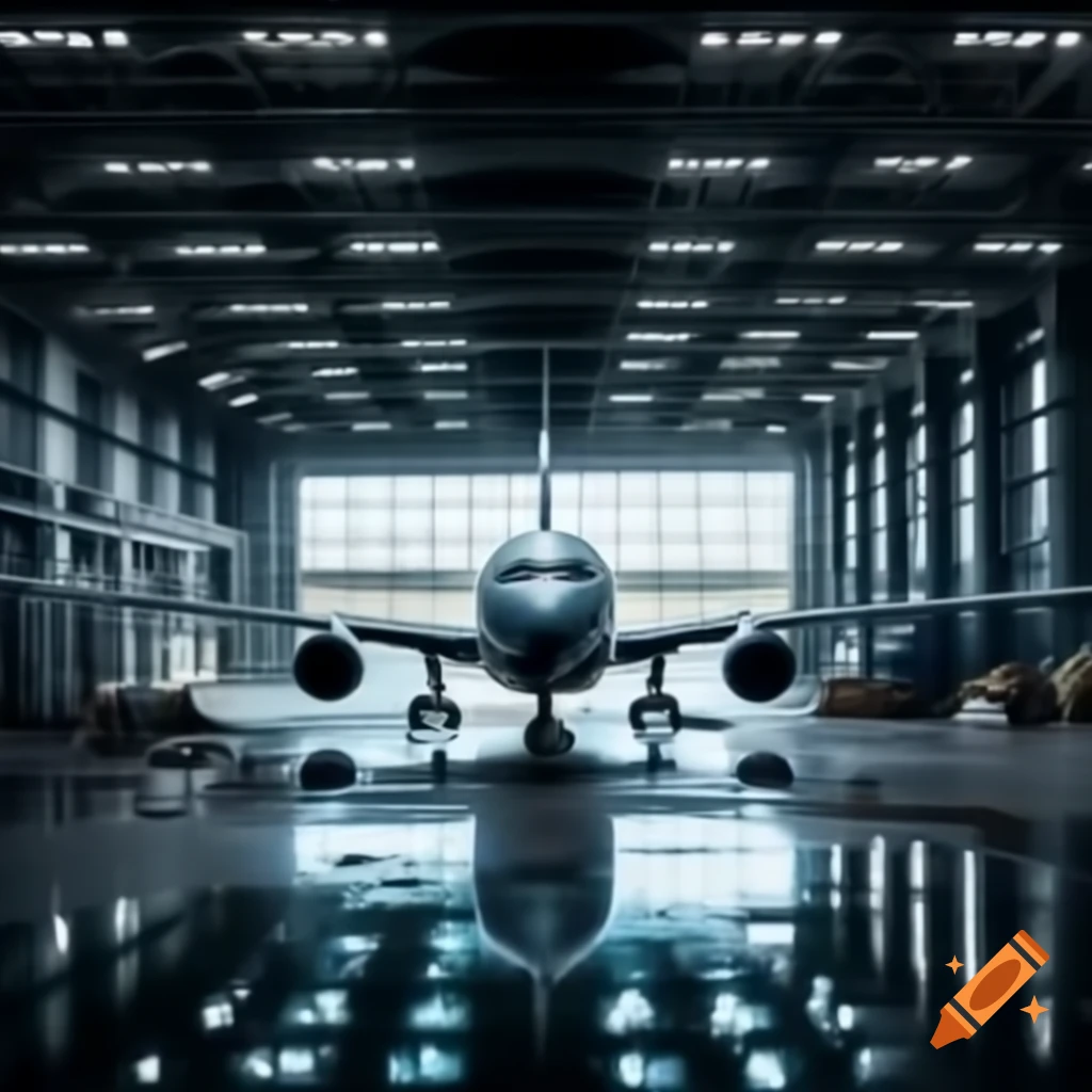 Clean aircraft hangar with lighting, reflective floors, and visible debris on Craiyon