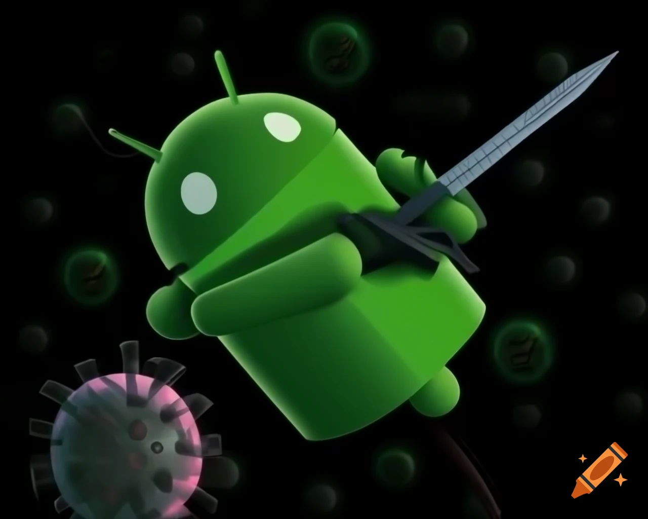 Android holding sword and shield while battling viruses and worm infection, in resovany style on ...