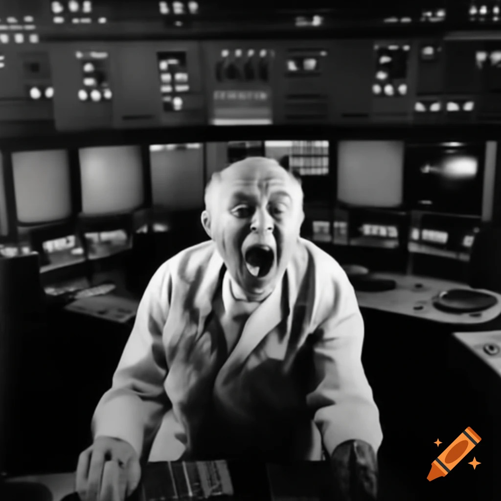 Crazy mad scientist in control room filled with screens and buttons on ...