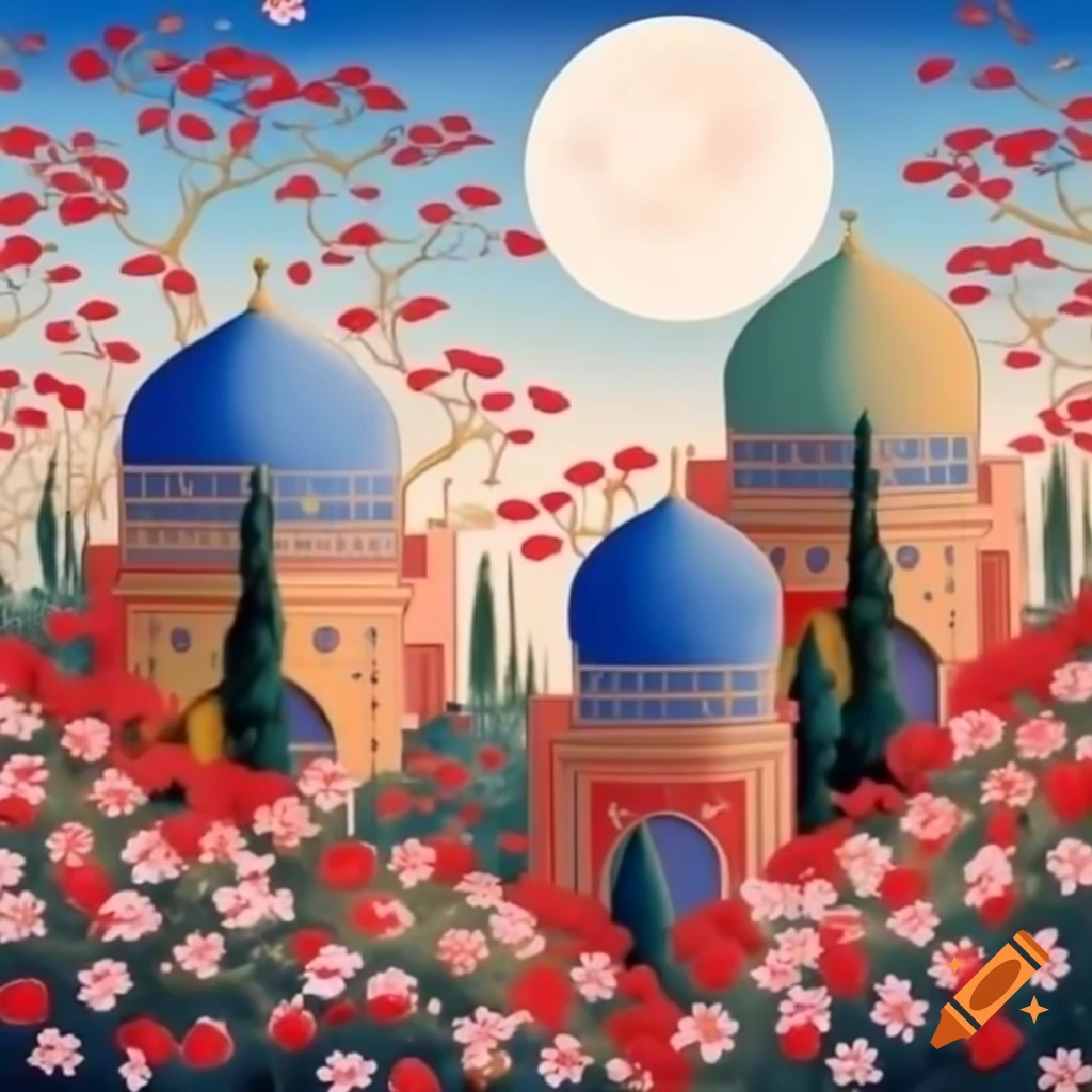 Persian domes and arches in flower garden with cypress trees and ...