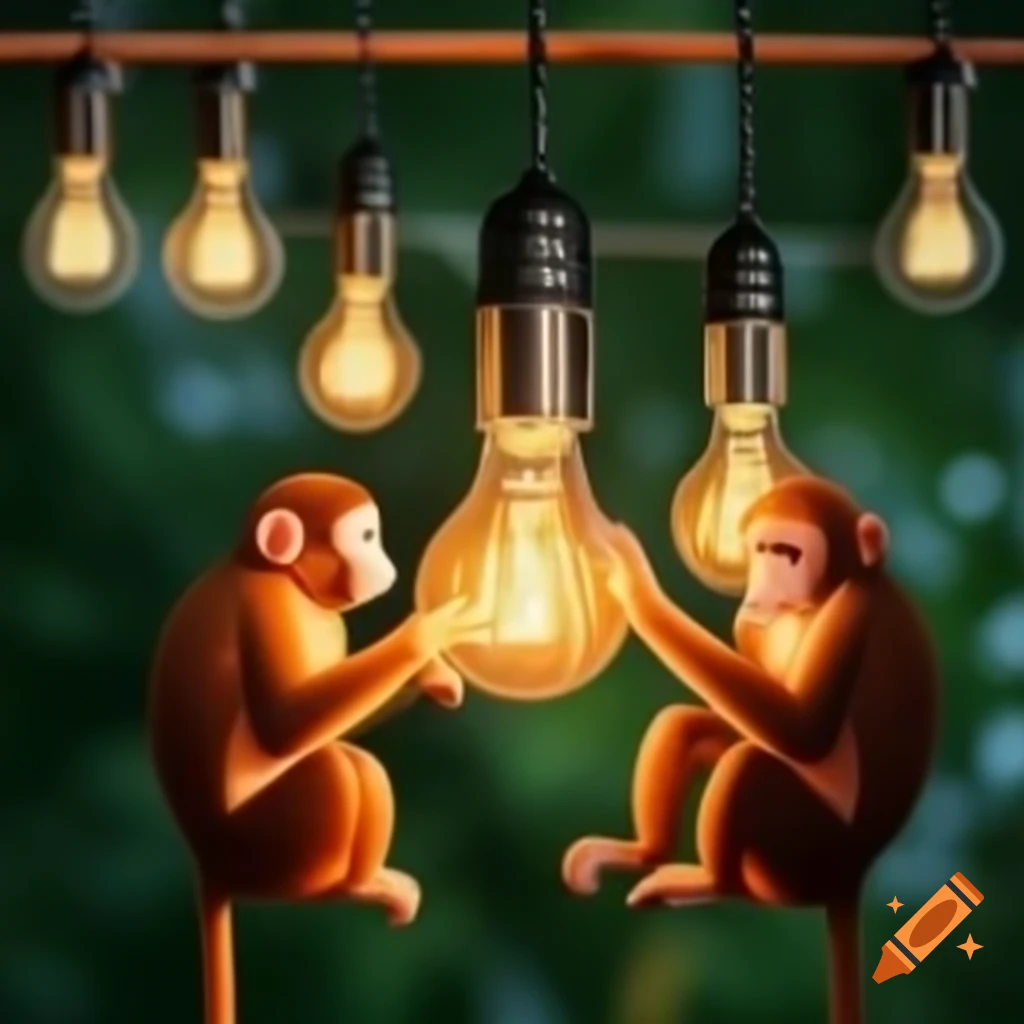 Monkeys changing light bulbs in a humorous scene on Craiyon