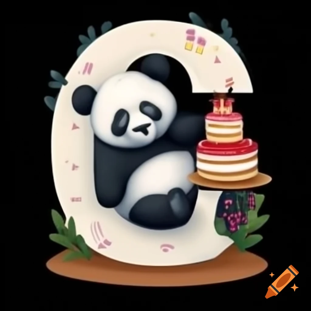 Panda celebrating birthday with cake themed around the letter c on Craiyon