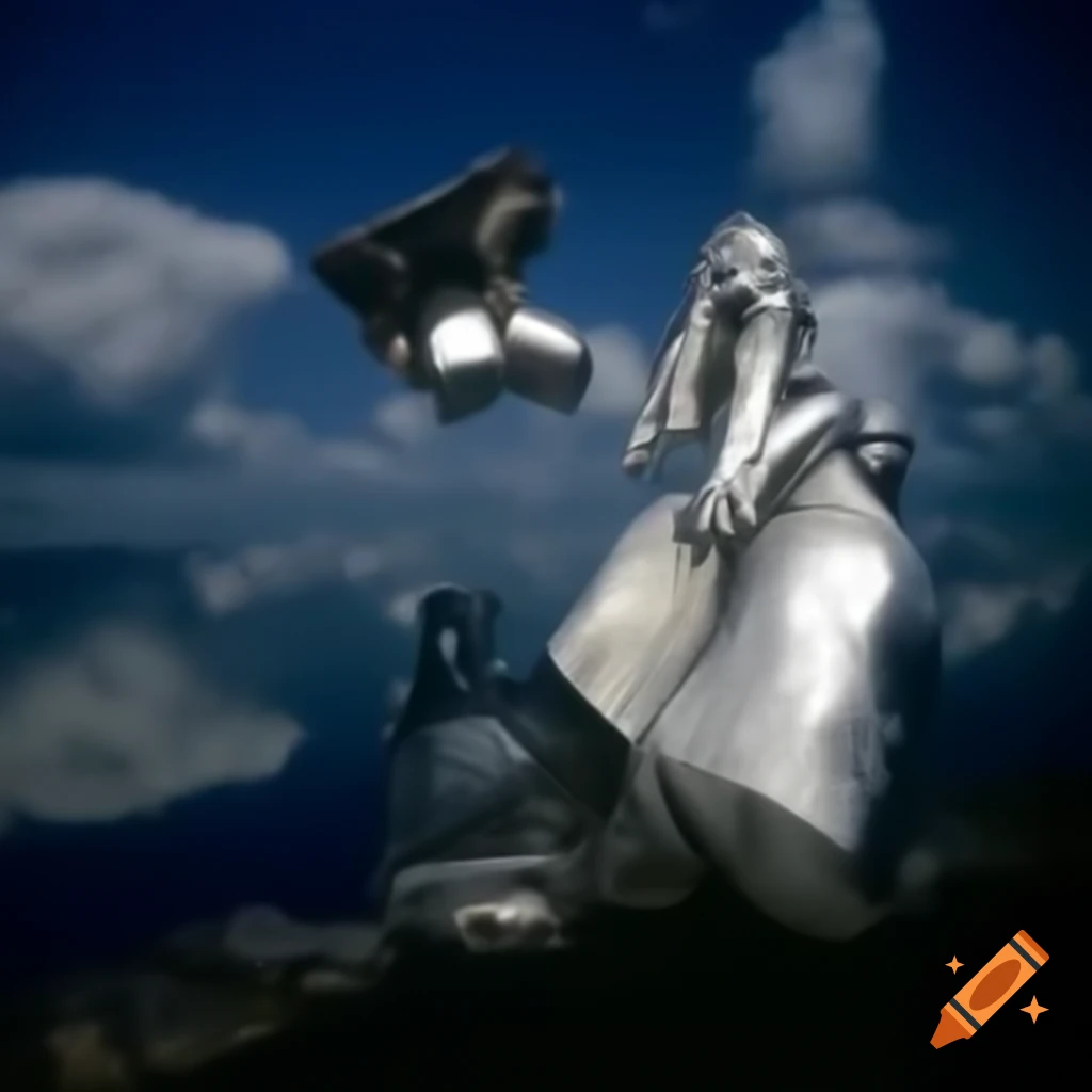 Pop surreal photography featuring anime-inspired silver statue on Craiyon